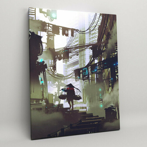 Картина на холсте (интерьерный постер) "Андроид в футуристичном городе", с деревянным подрамником, размер 30x40 см