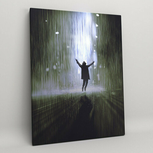 Картина на холсте (интерьерный постер) "Человек под дождем в чёрном плаще", с деревянным подрамником, размер 22x30 см