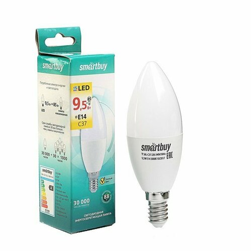 Лампа светодиодная Smartbuy, Е14, C37, 9.5 Вт, 3000 К, теплый белый свет (комплект из 13 шт)