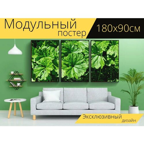 Модульный постер "Листья, завод, зеленый" 180 x 90 см. для интерьера