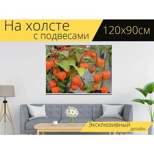 Картина на холсте "Завод, физалис, оранжевый цвет" с подвесами 120х90 см. для интерьера