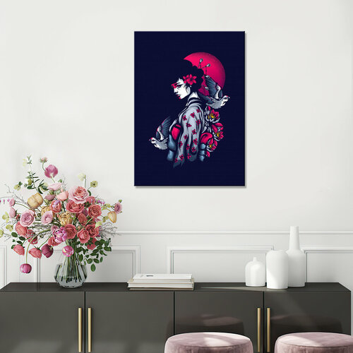 Интерьерная картина на холсте - Гейша и птица розово-чёрный арт 60х80