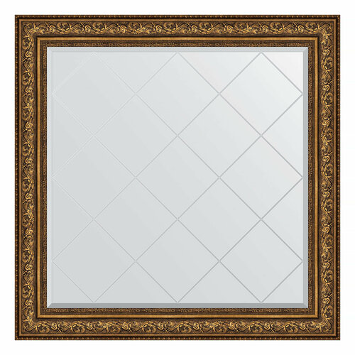 Зеркало настенное с гравировкой EVOFORM в багетной раме виньетка состаренная бронза, 110х110 см, для гостиной, прихожей и ванной комнаты, BY 4470