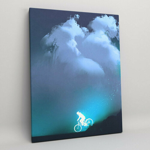 Картина на холсте (интерьерный постер) "Неновый человек на велосипеде в облаках", с деревянным подрамником, размер 22x30 см