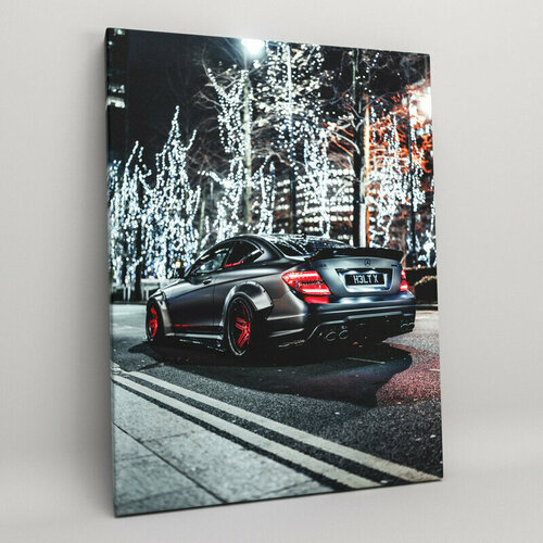 Картина на холсте (интерьерный постер) "Серый Mercedes Benz С 63 - Мерседес Бенц", с деревянным подрамником, размер 22x30 см