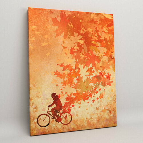 Картина на холсте (интерьерный постер) "Силуэт велосипедиста и осенней листвы", с деревянным подрамником, размер 22x30 см