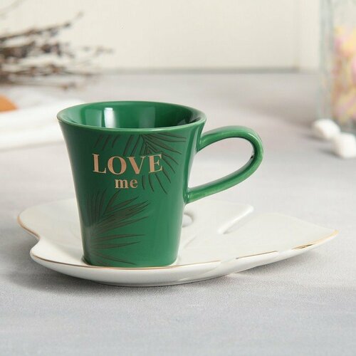 Чайная пара керамическая Love me, кружка 100 мл, блюдце 15х14 см, цвет бело-зелёный (комплект из 3 шт)