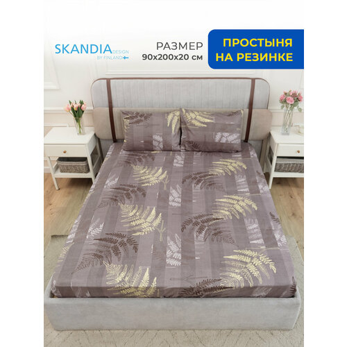 Простыня на резинке 90х200 SKANDIA design by Finland МикроСатин, простынь на резинке с бортом 20см r026 Листья папоротника на сером