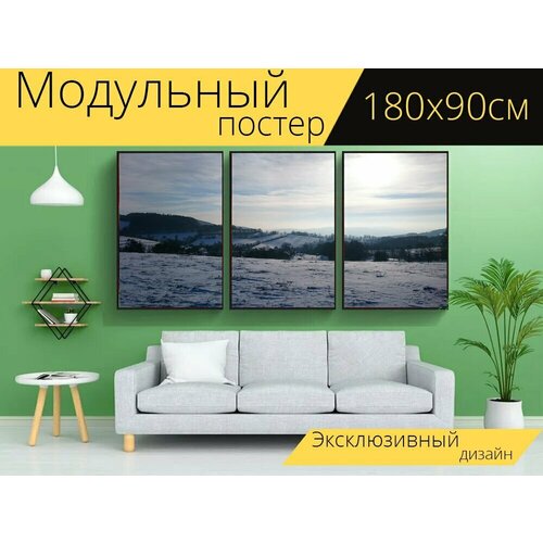 Модульный постер "Зимний пейзаж, снежные картинки, зимние картинки" 180 x 90 см. для интерьера