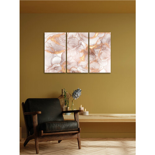 Набор из 3 интерьерных картин на холсте / 80х42 / Абстракция "Розово-золотой мрамор" / Модульная картина / в кухню / в спальню / в гостиную / на стену