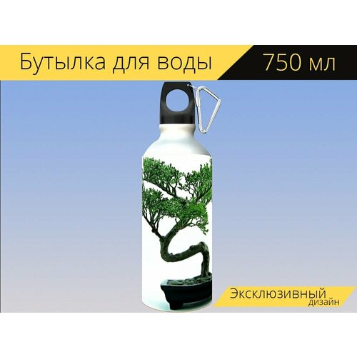 Бутылка фляга для воды "Бонсай, дерево, зеленый" 750 мл. с карабином и принтом