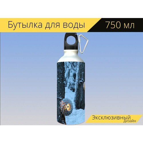 Бутылка фляга для воды "Напольная лампа, приостановленный, снег" 750 мл. с карабином и принтом