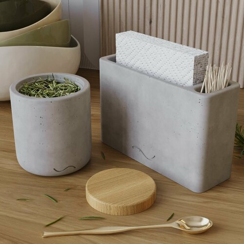 Набор для кухни Musko 23 (салфетница Lina, емкость для сыпучих продуктов Astrid S с деревянной крышкой), бетон, серый матовый