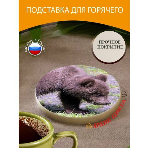 Подставка под горячее "Бурый медведь, ursus arctos, камчатский медведь" 10 см. из блого мрамора