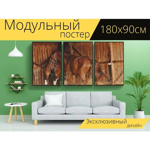 Модульный постер "Лошади, ссориться, большая лошадь" 180 x 90 см. для интерьера