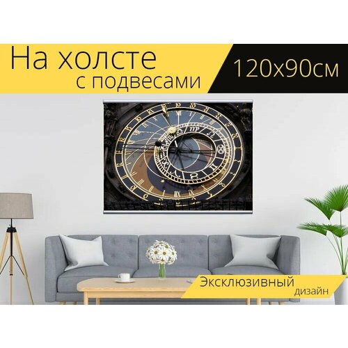 Картина на холсте "Прага, часы, астрономические часы" с подвесами 120х90 см. для интерьера