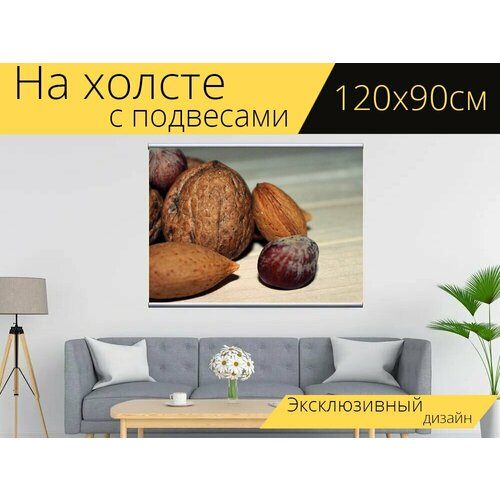 Картина на холсте "Грецкий орех, орехи, фундук" с подвесами 120х90 см. для интерьера