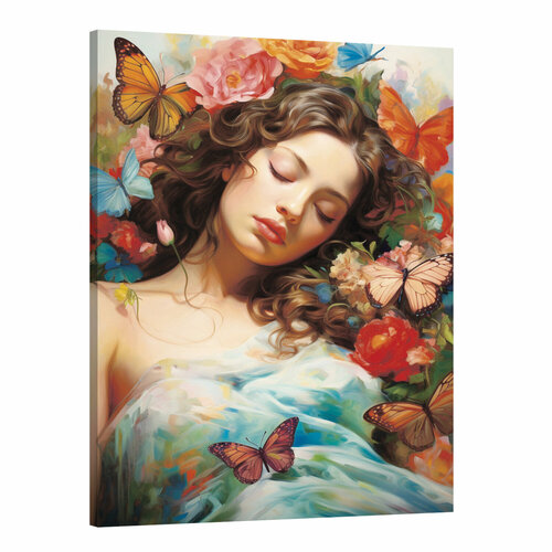 Интерьерная картина 50х70 "Девушка, бабочки и цветы"