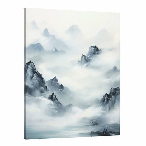 Интерьерная картина 50х70 "Горы в тумане: загадочная картина"