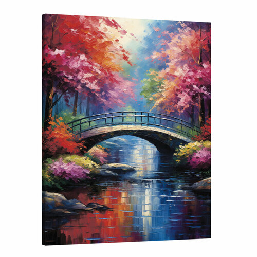 Интерьерная картина 50х70 "Пейзаж с каменным мостом и расцветшими деревьями"