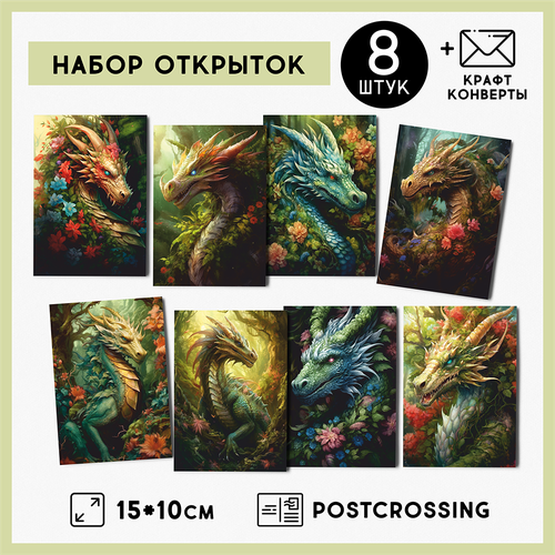 Набор открыток "Лесной дракон" с крафт конвертами, 8 штук, размер А6