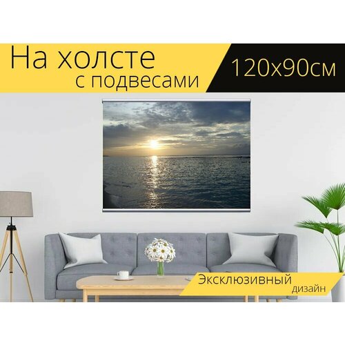 Картина на холсте "Ямайка, пляж, заход солнца" с подвесами 120х90 см. для интерьера