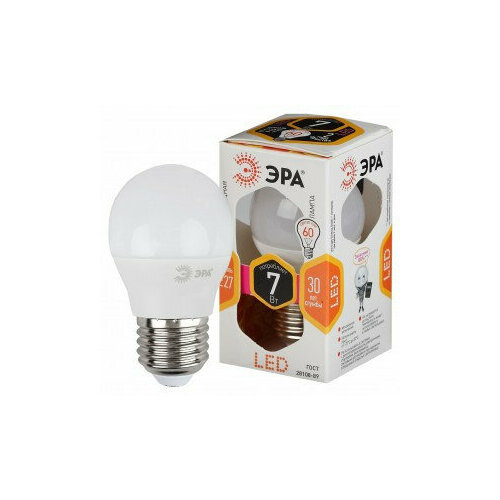 Светодиодная LED лампа ЭРА стандарт шар P45 E27 7W(560lm) 2700K 2K 84x45 P45-7w-827-E27 6216 (упаковка 10 штук)