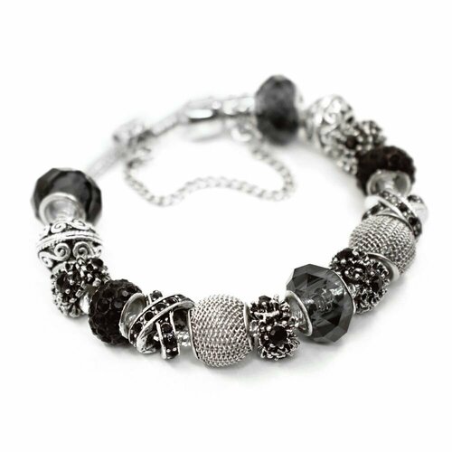Браслет-цепочка Handinsilver ( Посеребриручку ) Браслет с шармами на основе из бижутерной стали, стекло, стразы, муранское стекло, 1 шт., размер 19 см, серебристый