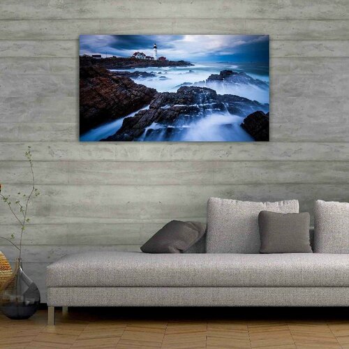 Картина на холсте 60x110 LinxOne "Океан шторм маяк скалы" интерьерная для дома / на стену / на кухню / с подрамником