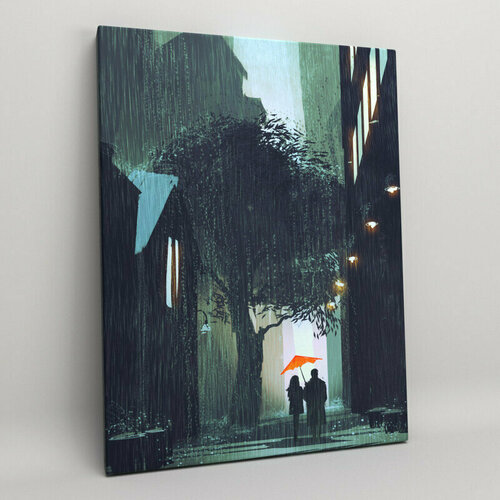 Картина на холсте (интерьерный постер) "иллюстрация двое под дождем", с деревянным подрамником, размер 22x30 см
