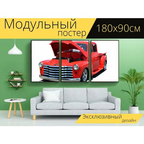 Модульный постер "Красный грузовик, классический, ретро" 180 x 90 см. для интерьера