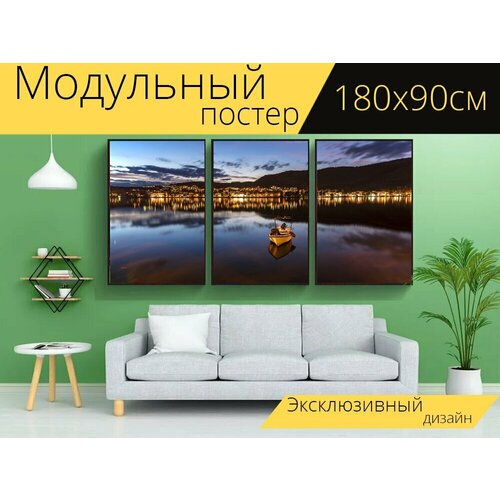 Модульный постер "Кастория, озеро, природа" 180 x 90 см. для интерьера