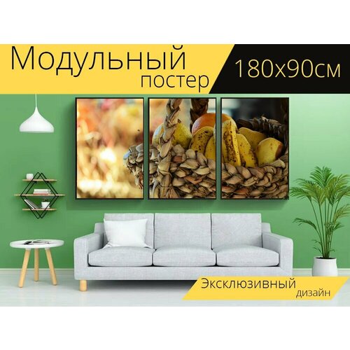 Модульный постер "Фрукты, корзина фруктов, плетеные" 180 x 90 см. для интерьера