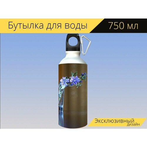 Бутылка фляга для воды "Цветы, синий, синий цветок" 750 мл. с карабином и принтом