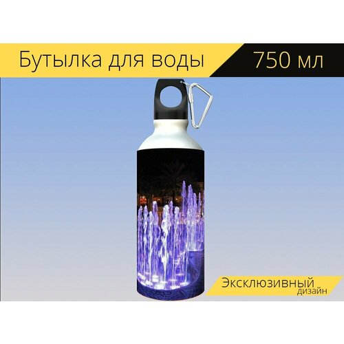 Бутылка фляга для воды "Фонтан, ночь, город" 750 мл. с карабином и принтом
