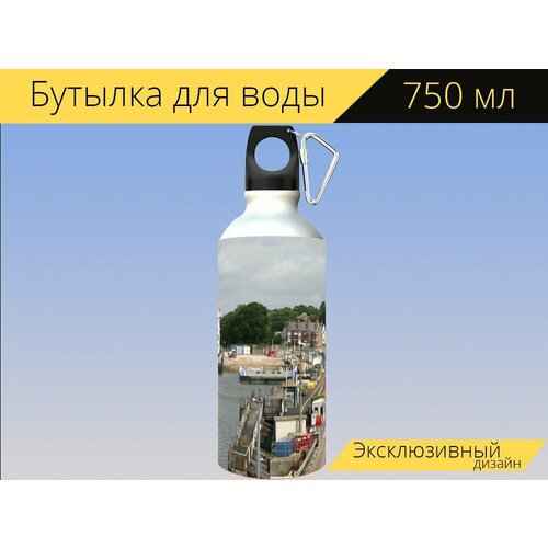 Бутылка фляга для воды "Перевозить, северное море, паромный терминал" 750 мл. с карабином и принтом