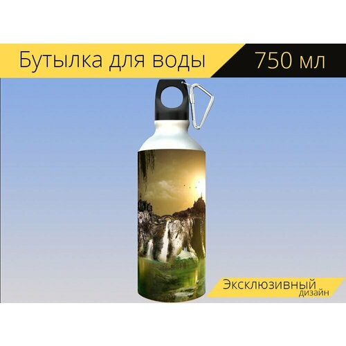 Бутылка фляга для воды "Замок лампы, солнце, гора" 750 мл. с карабином и принтом
