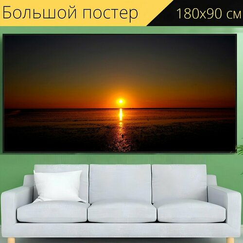 Большой постер "Заход солнца, солнце, море" 180 x 90 см. для интерьера