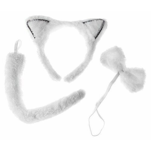 Карнавальный набор "Острые ушки"/кошка белая три предмета: ободок, бант, хвост.