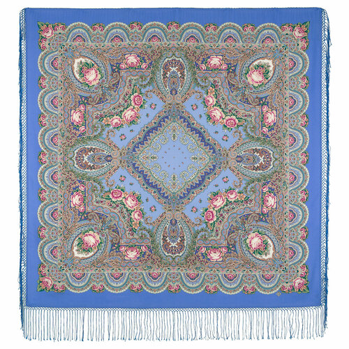 Платок Павловопосадская платочная мануфактура,135х135 см, горчичный, синий