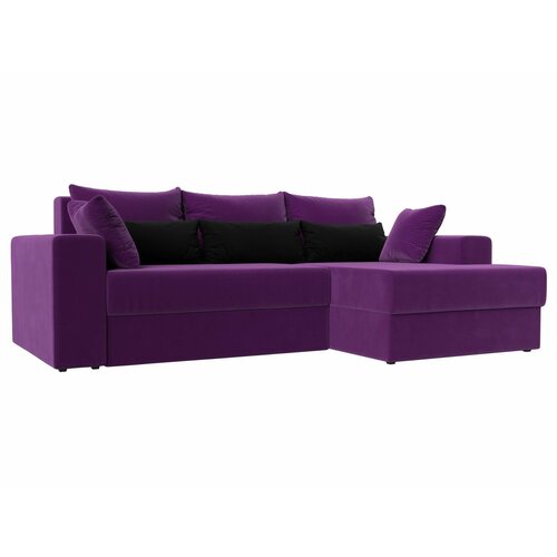 Угловой диван Майами правый угол, Микровельвет фиолетовый, подушки фио/черн/фио