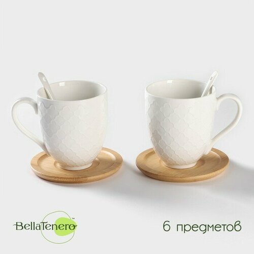 Набор керамический чайный на бамбуковой подставке BellaTenero, 6 предметов: 2 чашки 350 мл, 2 деревянных блюдца d=12 см, 2 ложки, цвет белый