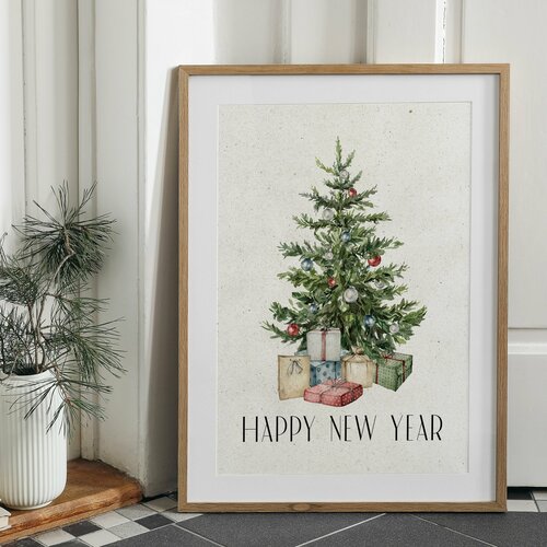 Постер интерьерный новогодний с елкой и подарками , надпись Happy New year, 30х40 см, без рамы