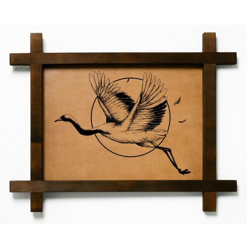 Картина Журавль, гравировка на натуральной коже, интерьерная для украшения и декора на стену в деревянной раме, подарок, BoomGift