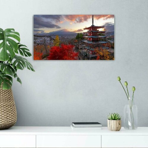 Картина на холсте 60x110 LinxOne "Япония Горы Осень Пагоды" интерьерная для дома / на стену / на кухню / с подрамником