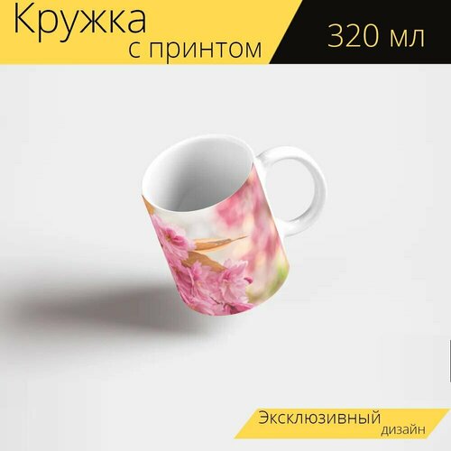 Кружка с рисунком, принтом "Расцветает, вишни в цвету, цветущее дерево" 320 мл.