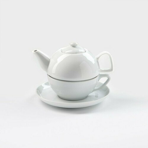 Набор фарфоровый для чая «Бельё», 3 предмета: чайник 470 мл, чашка 300 мл, блюдце (комплект из 2 шт)