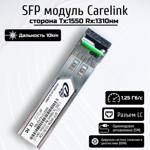 SFP модуль CareLink CL-SFP-WDM-10-55 DDe, TX:1550nm RX:1310nm, 10km, LC