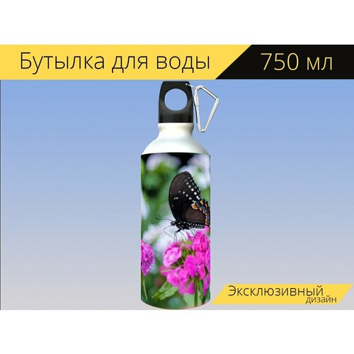 Бутылка фляга для воды "Бабочка, цветы, розовый" 750 мл. с карабином и принтом