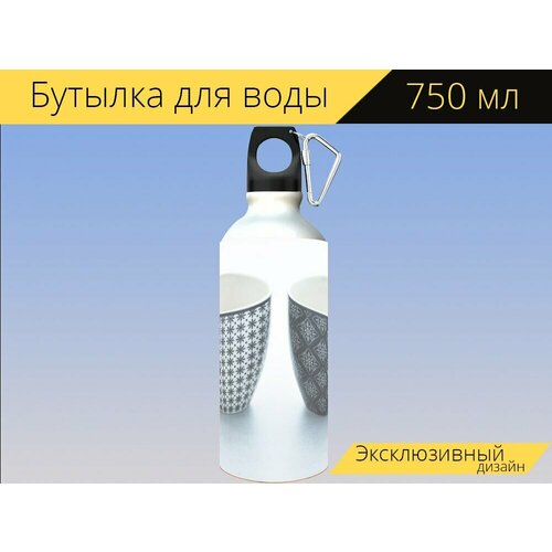 Бутылка фляга для воды "Чашки, блеклый, отбеленная" 750 мл. с карабином и принтом